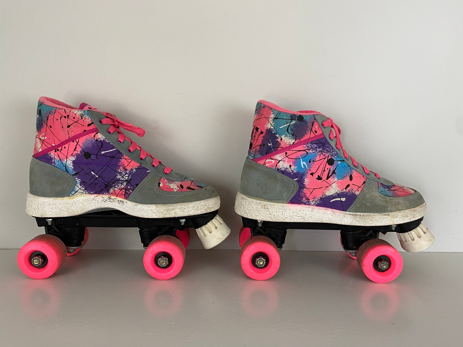 Vintage 80's Retro Roller Skates Grey, Neon Pink, Purple, Blue and ...