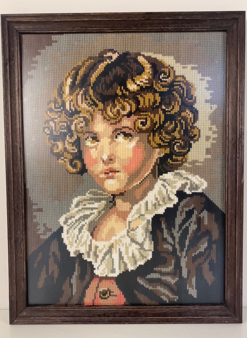 Vintage Framed Embroidery Art, Portrait of a Child, Kitsch Wall Art ...