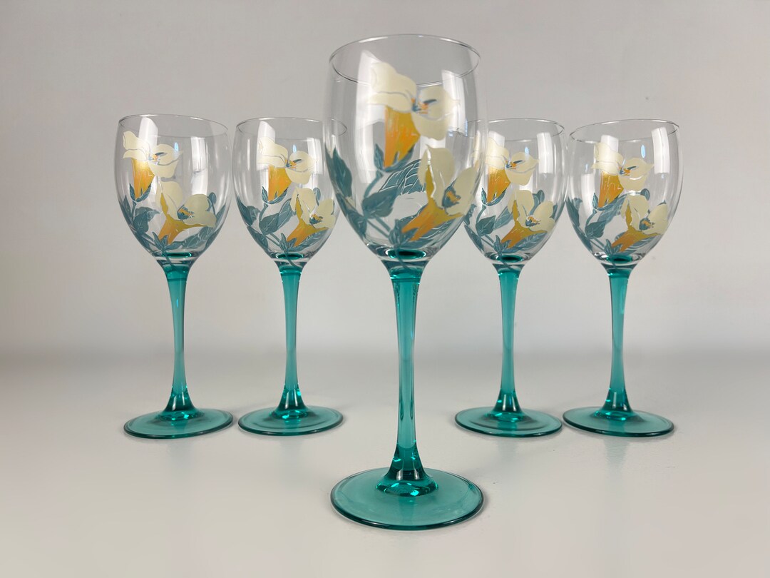 Set of 5 Rare Luminarc Red Wine Glasses, Beautiful Turquoise Green Stem ...