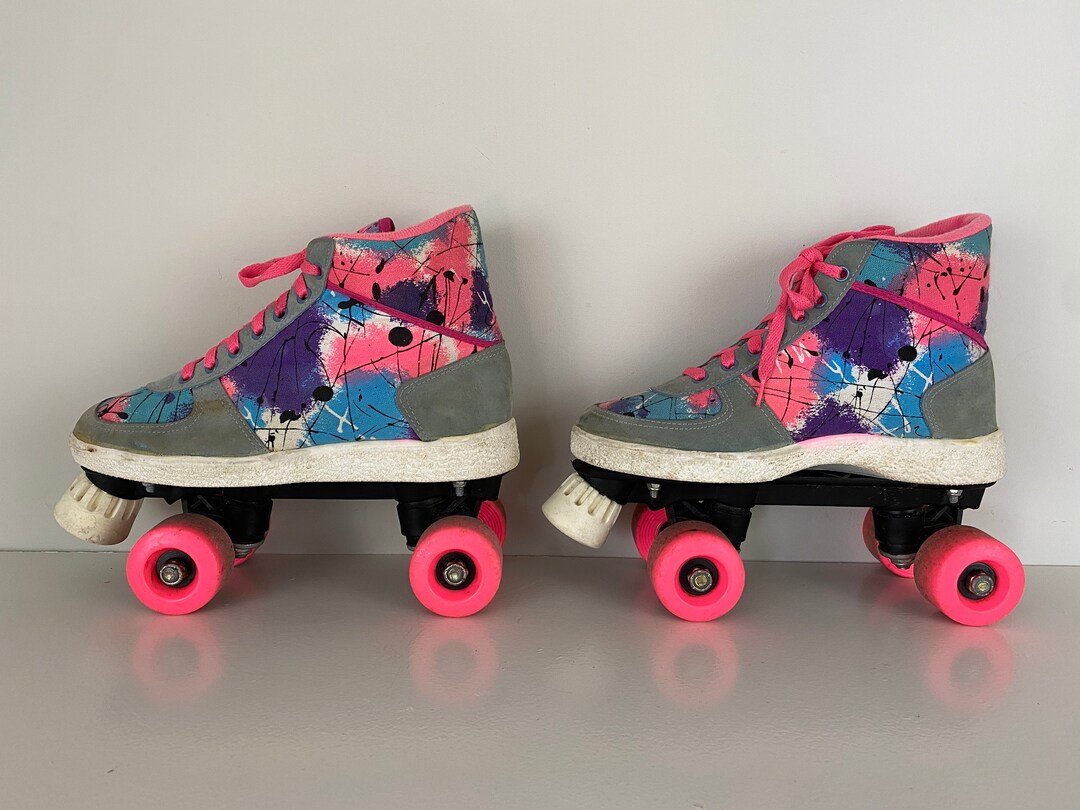 Vintage 80's Retro Roller Skates Grey, Neon Pink, Purple, Blue and ...