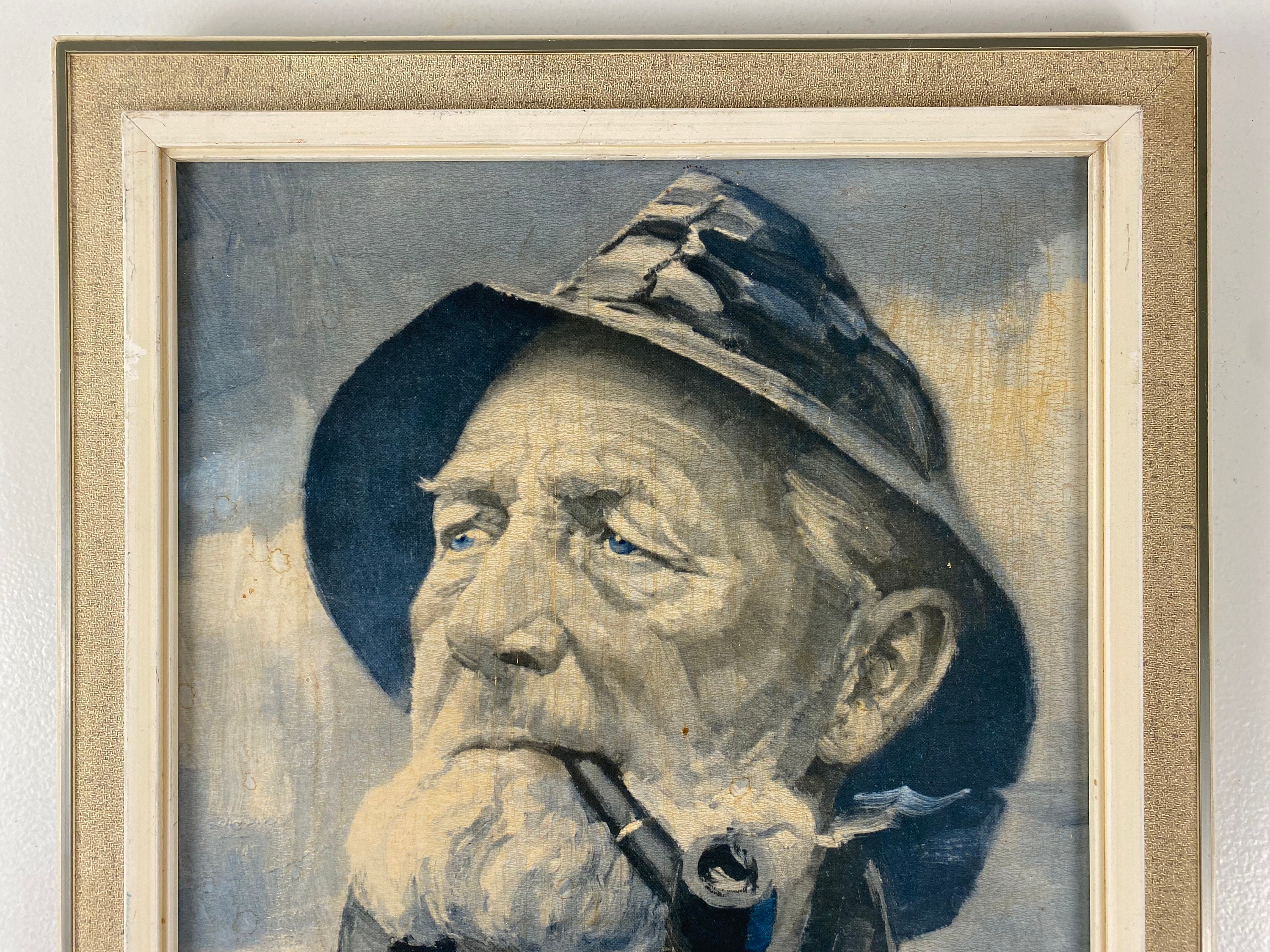 Vintage framed portrait art print of pipe-smoking fisherman, mid ...