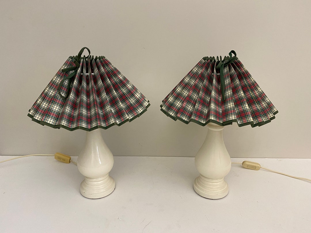 Pair of Vintage Wooden Table Lamps With Checkered Fabric Pleated Shade ...