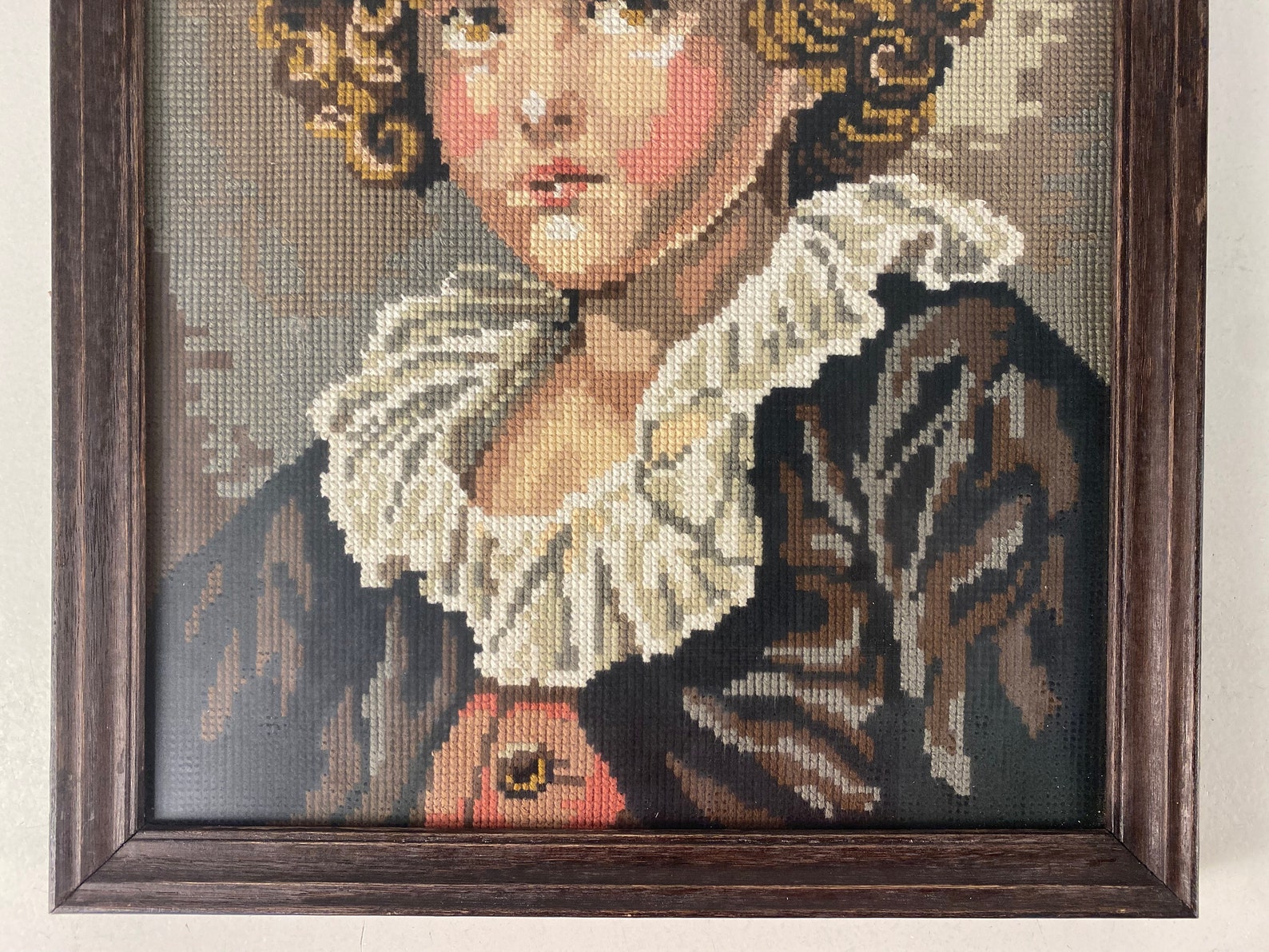 Vintage Framed Embroidery Art, Portrait of a Child, Kitsch Wall Art ...