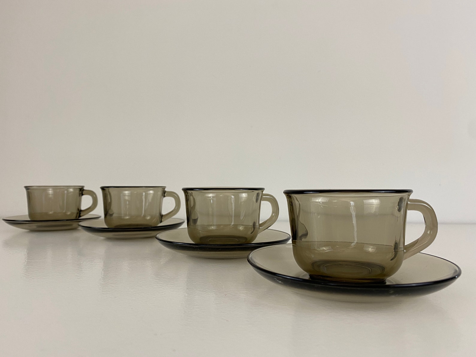 Sets of 2-6 Smoked Glass Coffee Cups With Saucers, Arcoroc France ...