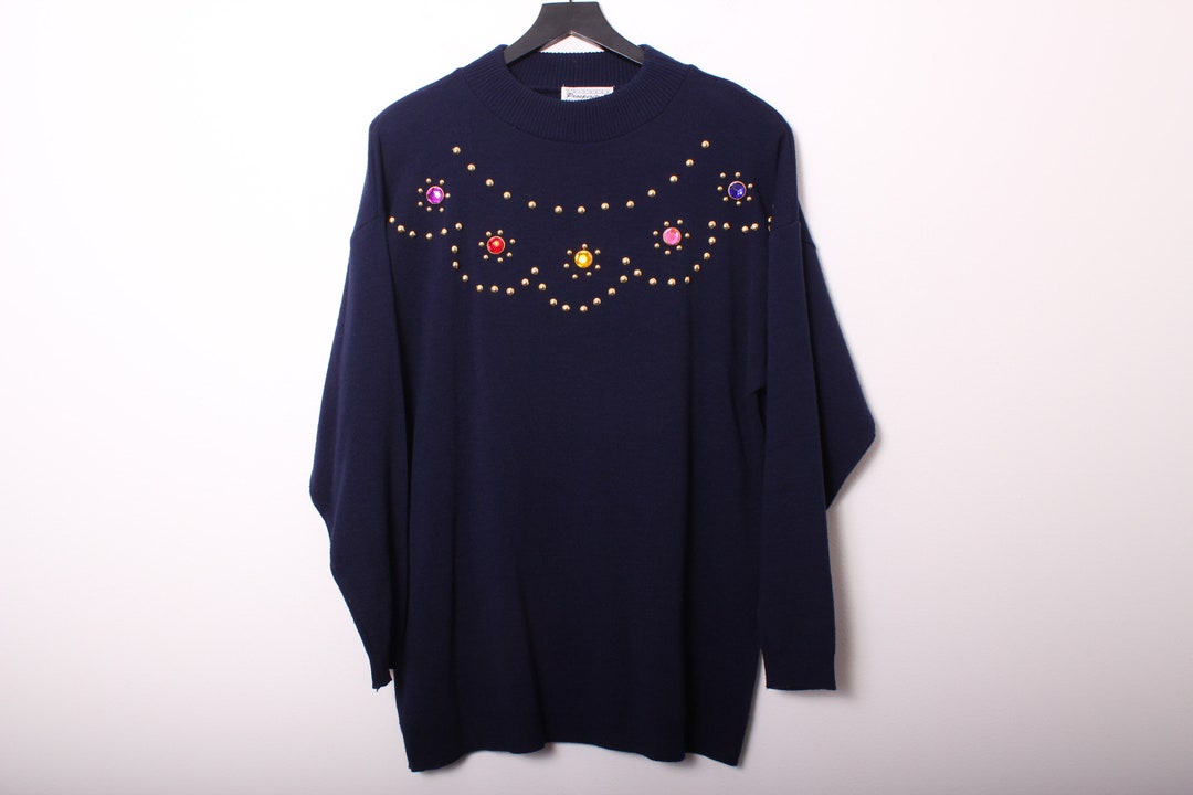 Vintage 1980s USA Made Bedazzled Sweater With Shoulder Pads - XL - Etsy