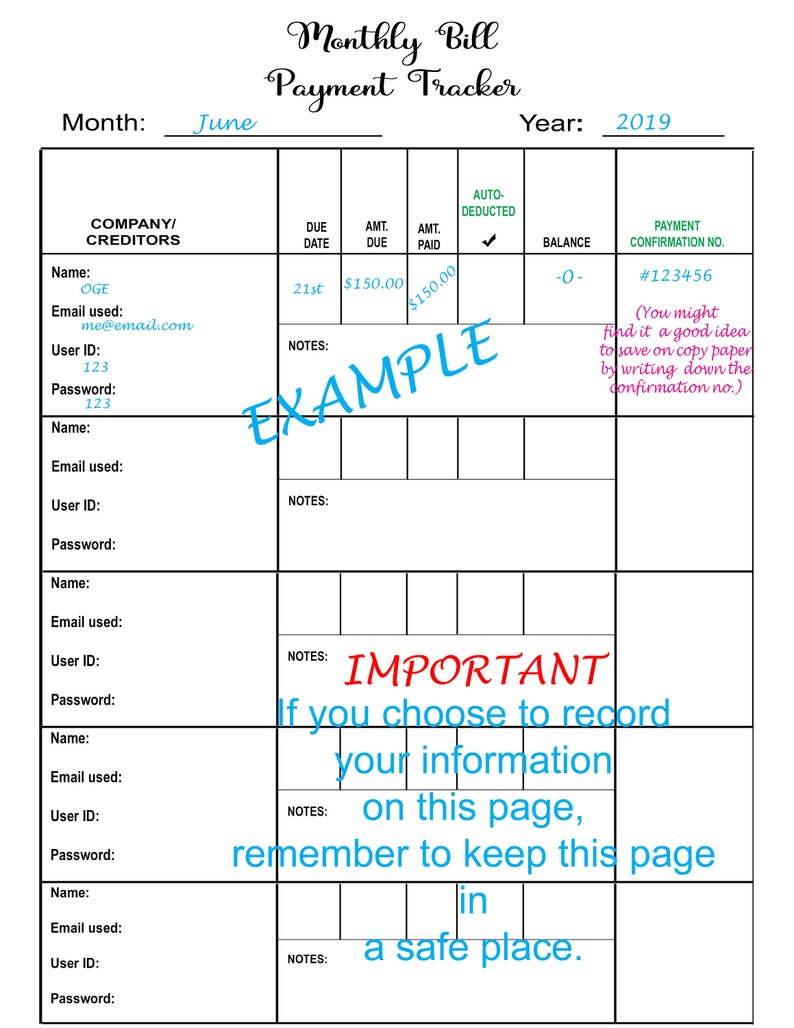 Printable Monthly Bill Payment Tracker (digital Download) - Etsy