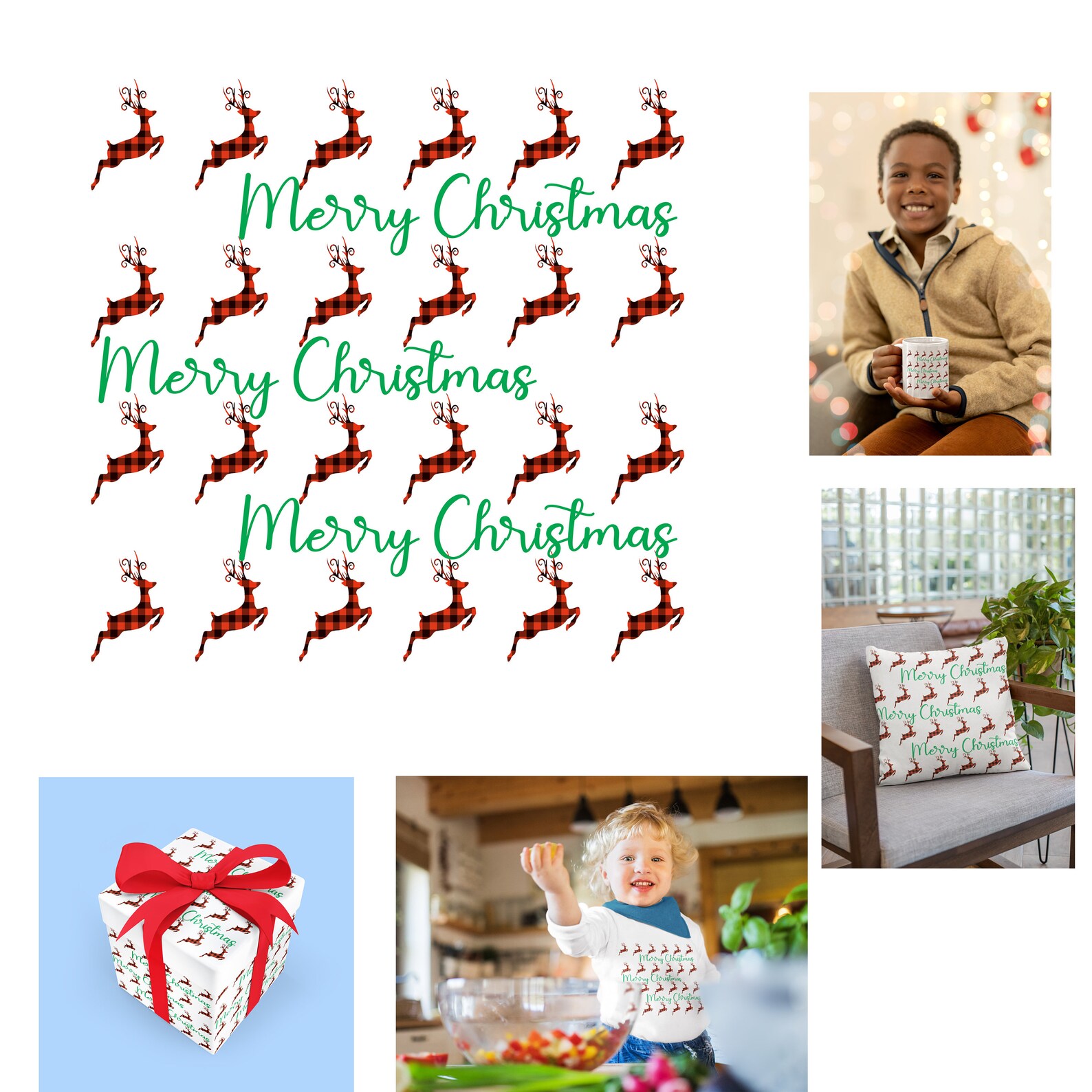 Printable Christmas Theme Buffalo Plaid Reindeer Motif Background Paper ...