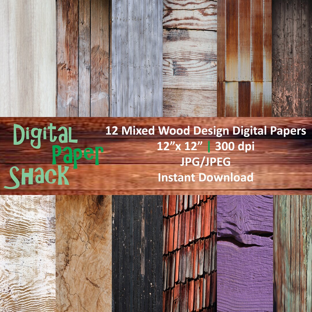 Bundle of 12 Mixed Woodgrain Digital Papers 12”x 12” 300 Dpi JPG / JPEG ...