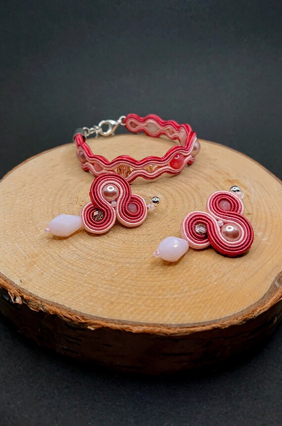 Pink Soutache Jewelry Set Delicate Bracelet and Earrings | Etsy