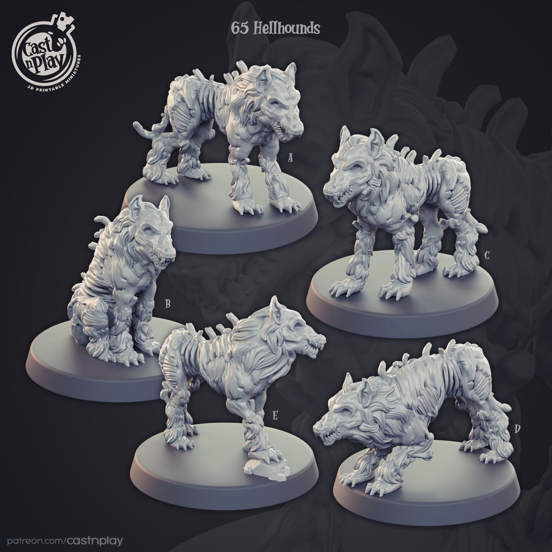5x Hellhound Miniature Pack | Cast N Play | Fantasy Tabletop Rpgs | 28mm and 32mm Versions ...