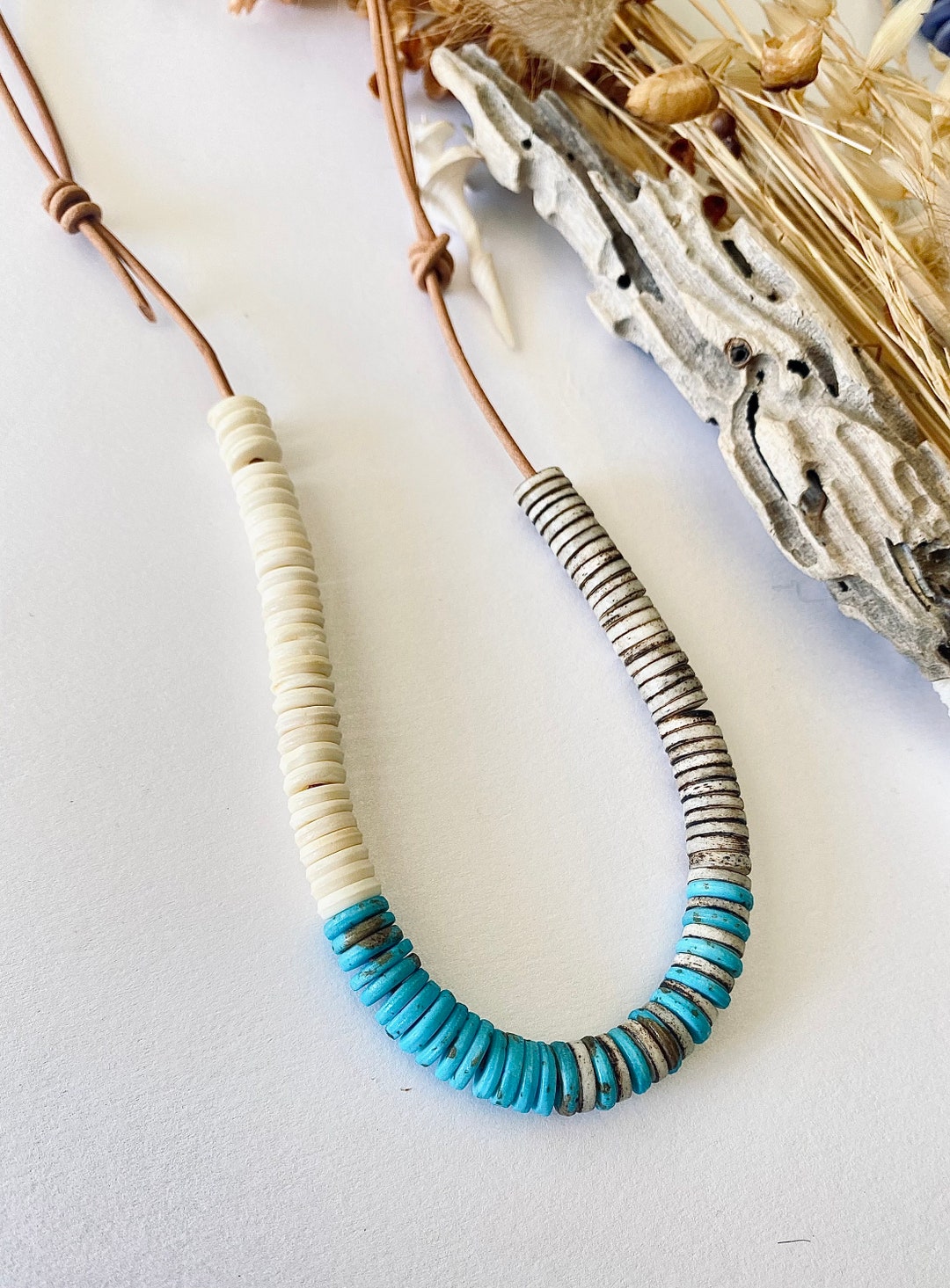 Beachy Boho Bone Bead Necklace / Simple Adjustable Length Necklace ...