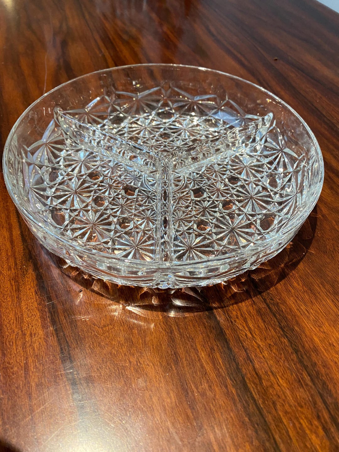 Mid Century Moulded Crystal Glass Three Division Hors D’oeuvres Dish ...