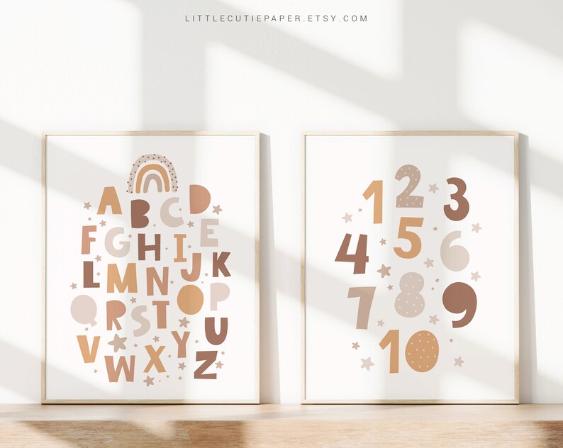 Boho Alphabet and Numbers Poster Set: Earth Tones Nursery (digital ...