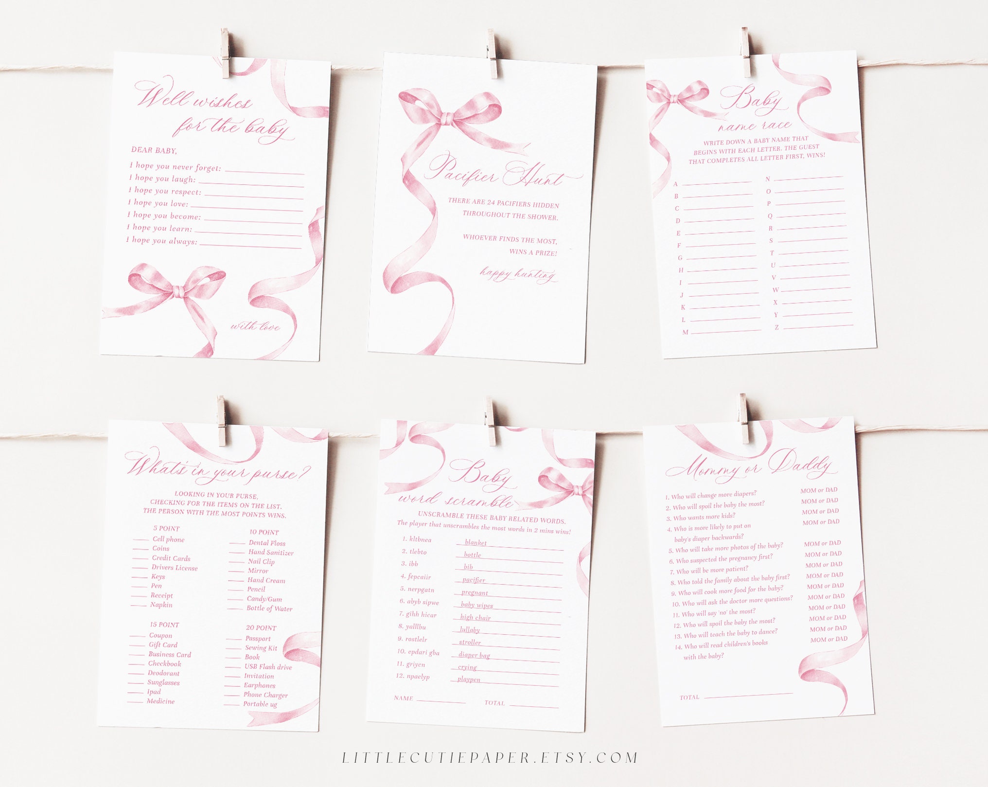 Editable 12 Pink Bow Baby Shower Games Bundle, Printable Pink Ribbon ...