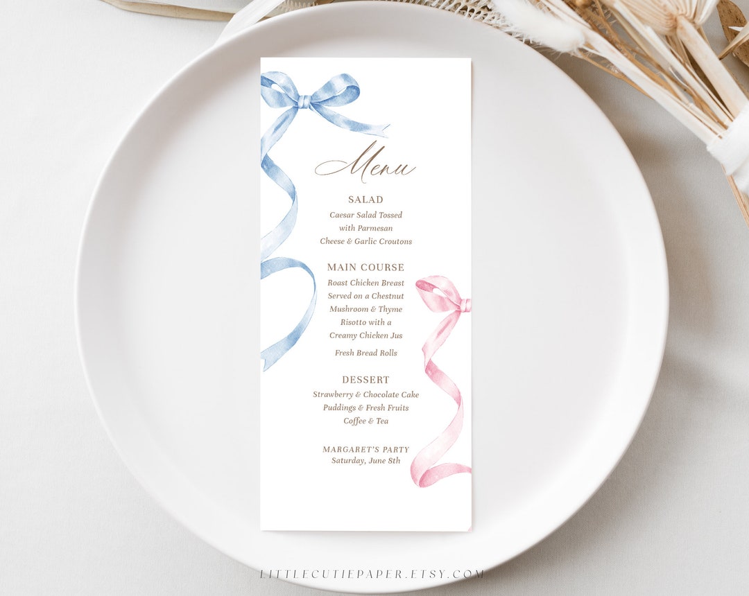 Editable Pink and Blue Bow Menu Template, Printable Dinner Menu Cards ...