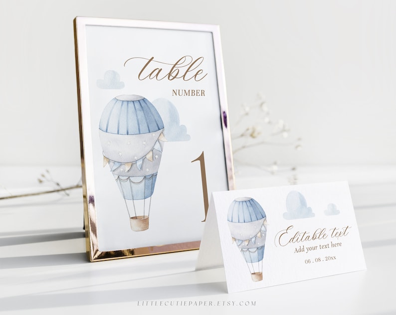 Editable Blue Hot Air Balloon Food Tent Template With Table Number ...