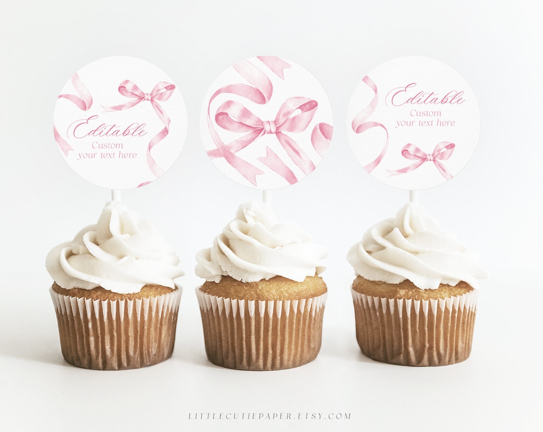 Editable Pink Bow Cupcake Toppers Template, Pink Ribbon Cake Toppers ...