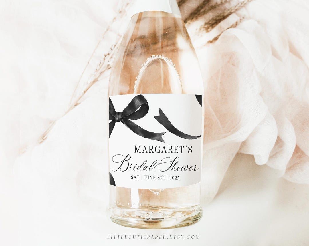 Editable Black Bow Bridal Shower Champagne Bottle Labels, Champagne ...
