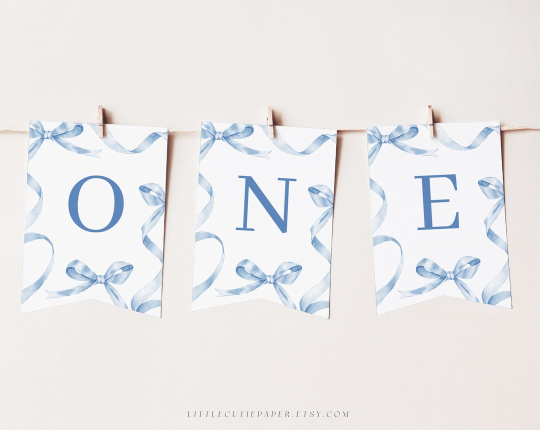 Editable Blue Bow Birthday Highchair Banner, Blue Ribbon Garland Banner ...