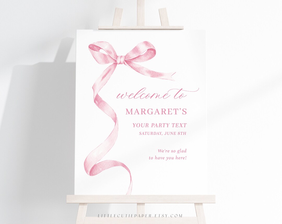 Editable Pink Bow Baby Shower Welcome Sign, Pink Ribbon Birthday ...