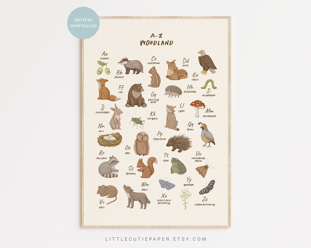 Boho Woodland Alphabet Poster Nursery Digital Download, Animal Alphabet ...