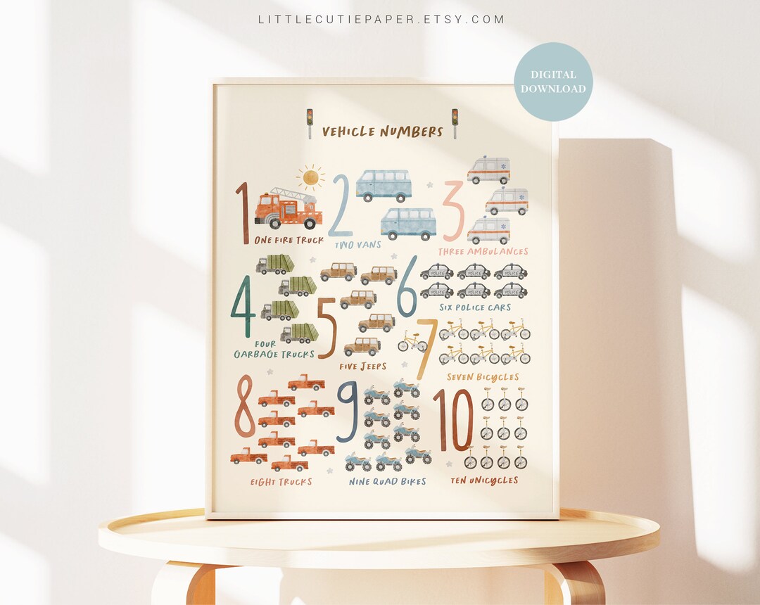 Vehicle Number Poster Digital Download, Cars Numbers Count to Ten ...