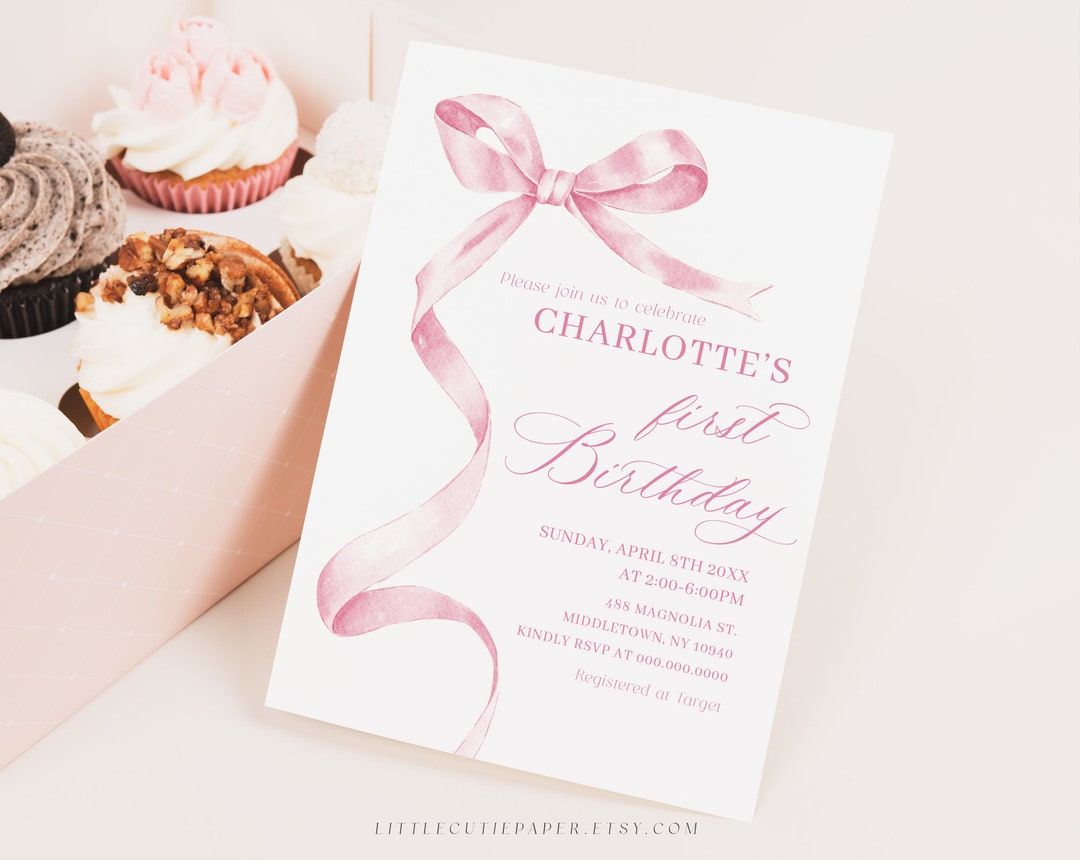 Editable Pink Bow Invitation for Birthday, Blush Pink Birthday ...