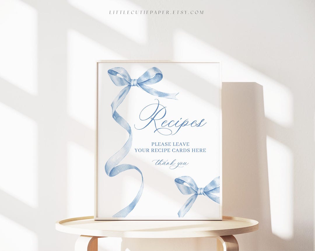 Editable Blue Bow Recipe Card Sign Template, Leave Your Recipe Cards ...