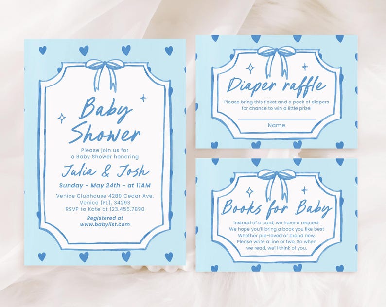 Editable Blue Bow Baby Shower Invitation Template, Blue Ribbon Baby ...