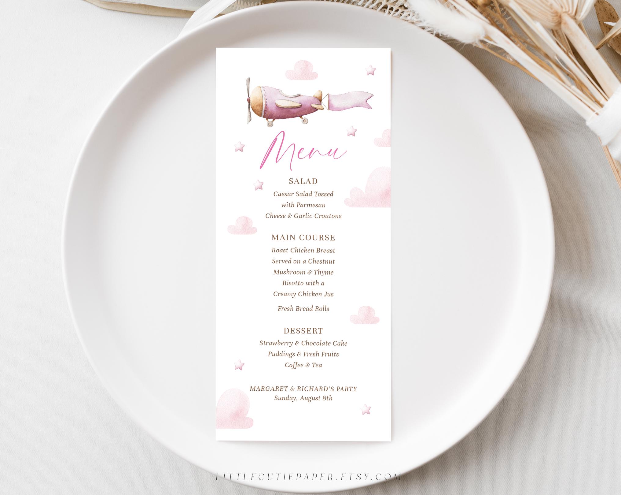 Editable Pink Airplane Menu Template, Printable Plane Dinner Menu Cards ...