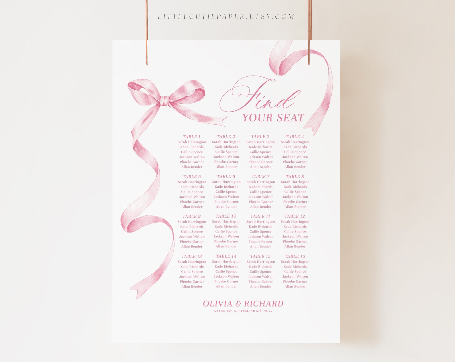 Editable Pink Bow Wedding Seating Chart Template (digital Download ...