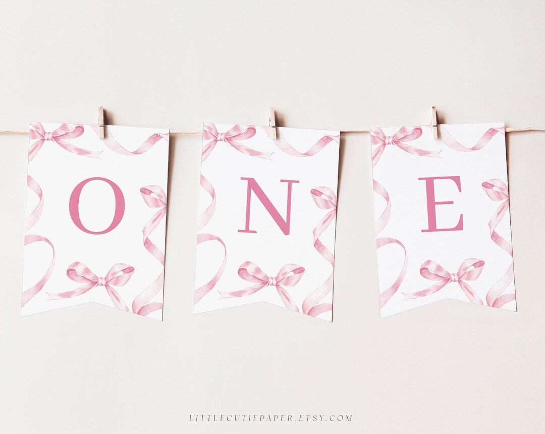 Editable Pink Bow Birthday Highchair Banner, Pink Ribbon Garland Banner ...