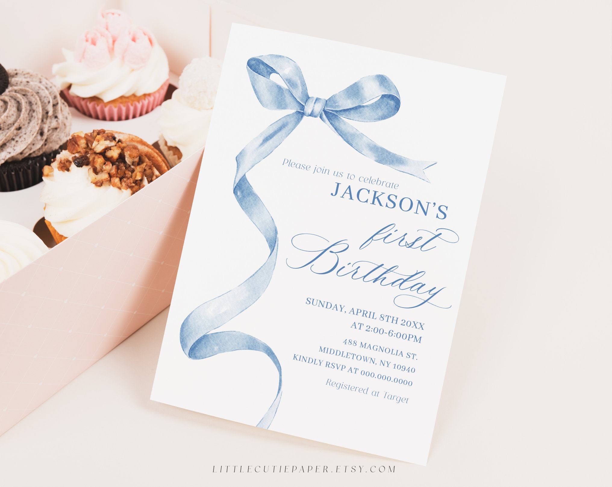 Editable Blue Bow Invitation for Birthday, Blue Birthday Invitation ...