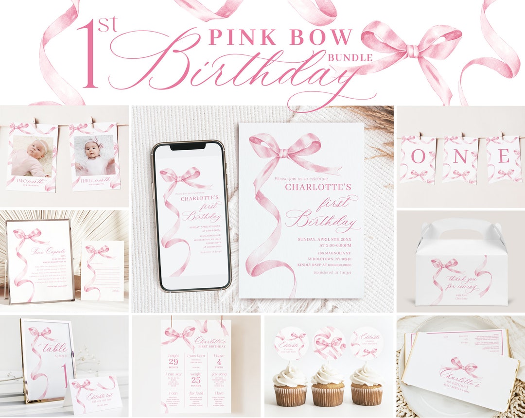 Editable Pink Bow First Birthday Invitation Bundle, Pink Ribbon ...
