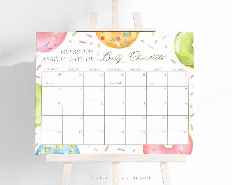 Editable Donuts and Sprinkle Baby Shower Due Date Calendar Template ...