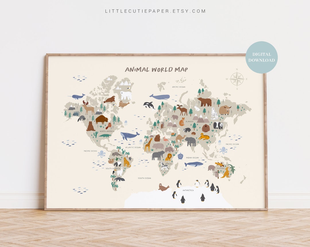 Animal World Map Digital Download, Animal World Map Poster, Animal ...