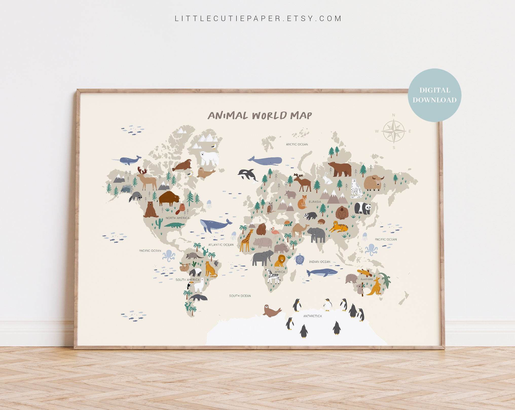 Animal World Map Digital Download, Animal World Map Poster, Animal ...