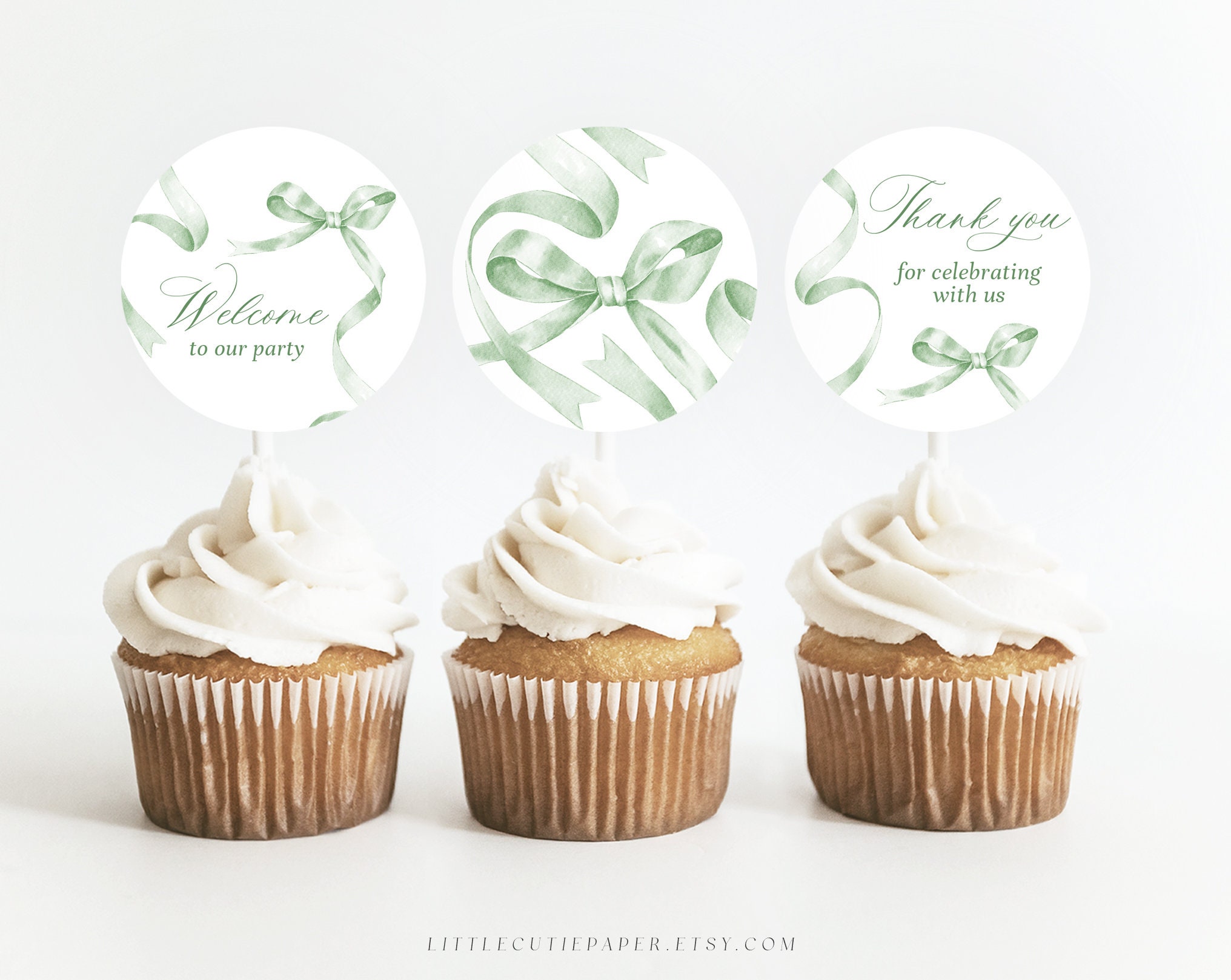 Editable Sage Green Cupcake Toppers Template, Green Bow Cake Toppers ...