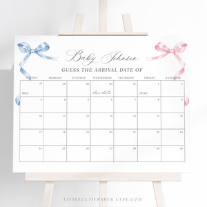 Editable Bow Due Date Calendar Template, Baby Shower Game, Guess Baby's ...
