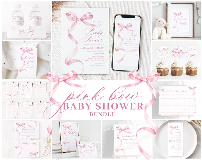 Editable Pink Bow Baby Shower Invitation Bundle, Printable Pink Ribbon ...