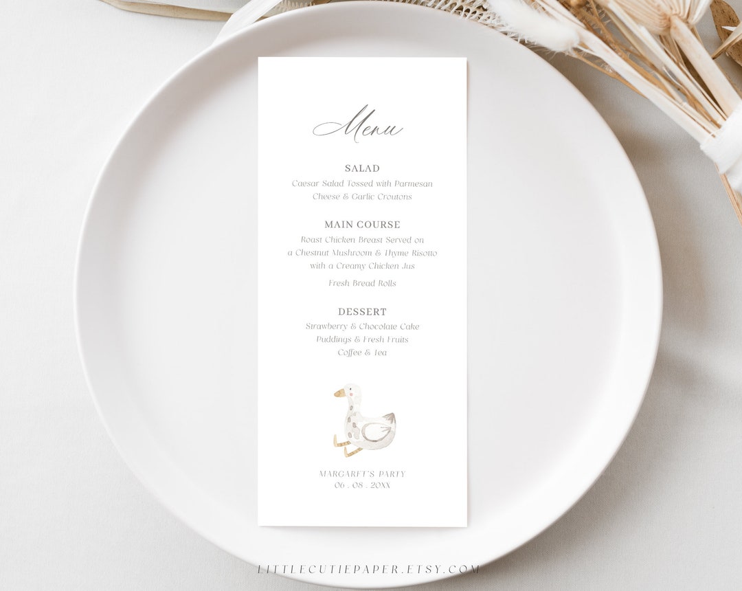 Editable Duck Menu Template, Duck Printable Dinner Menu Cards for Baby ...
