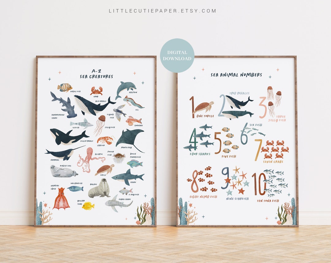 Sea Animal Alphabet and Counting Poster Digital Download, Sea Animal ...