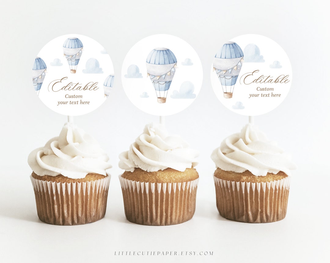Editable Blue Hot Air Balloon Cupcake Toppers Template, Blue Hot Air ...