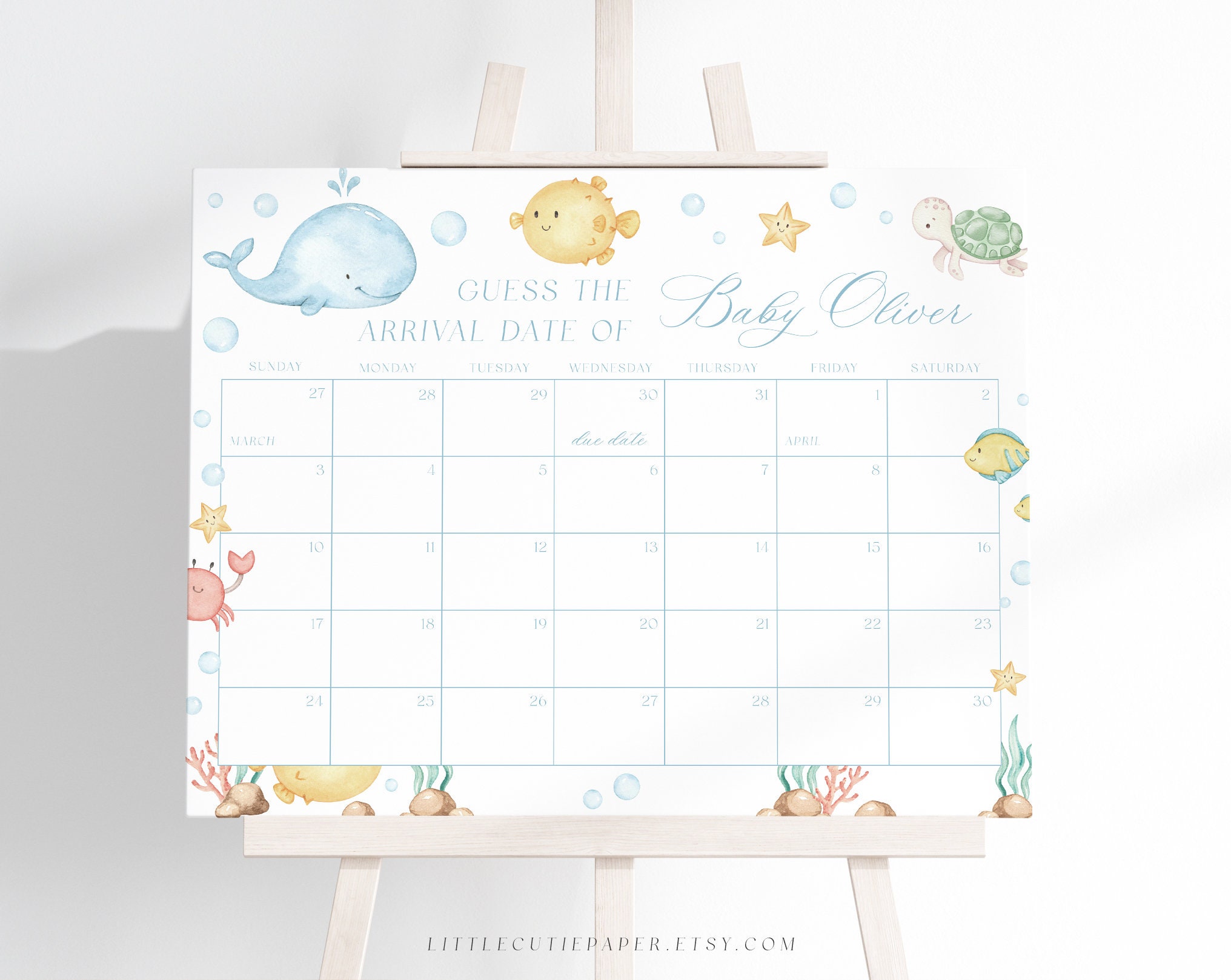Editable Sea Animals Baby Shower Due Date Calendar Template, Baby ...
