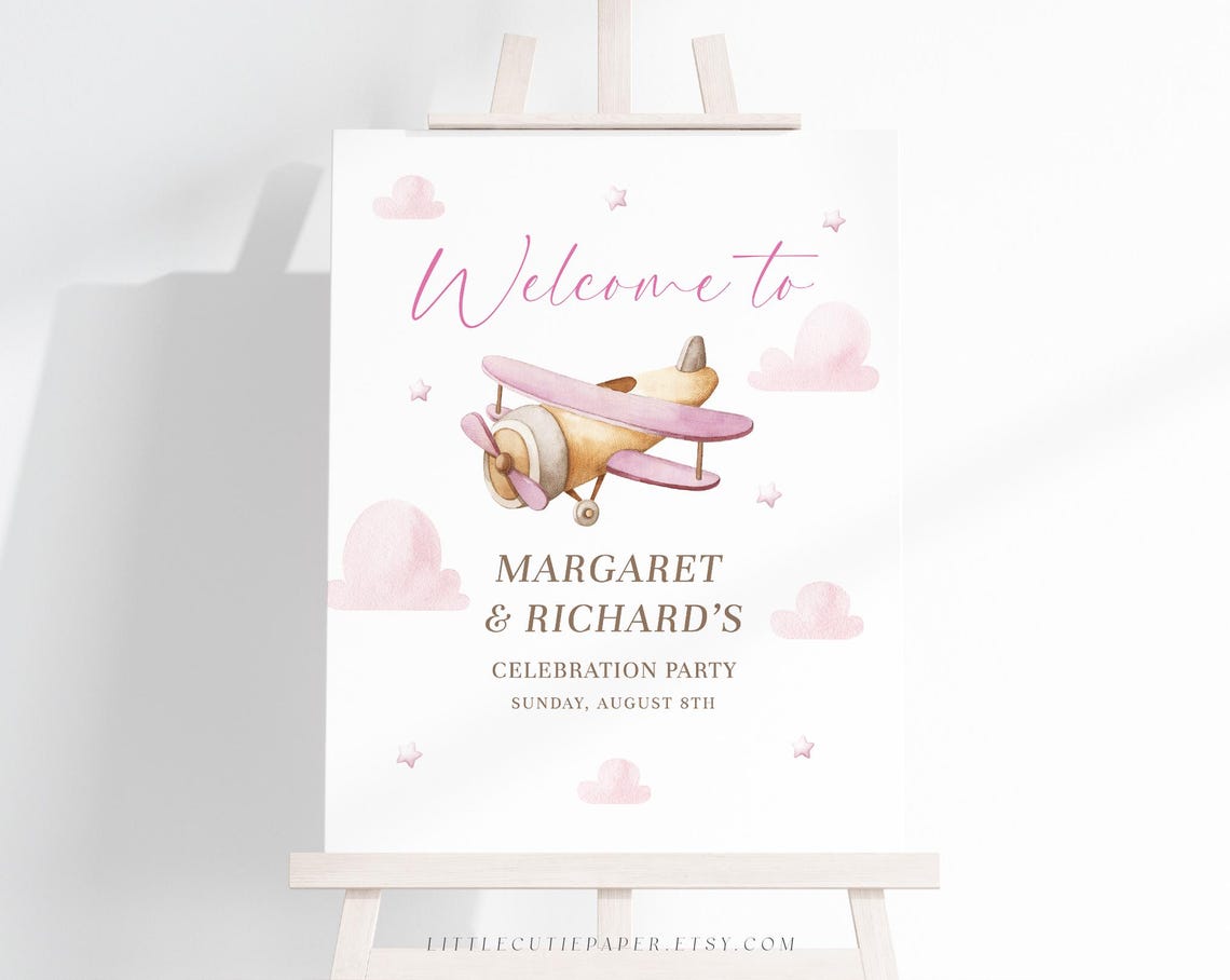 Editable Pink Airplane Welcome Sign, Plane Birthday Welcome Sign ...