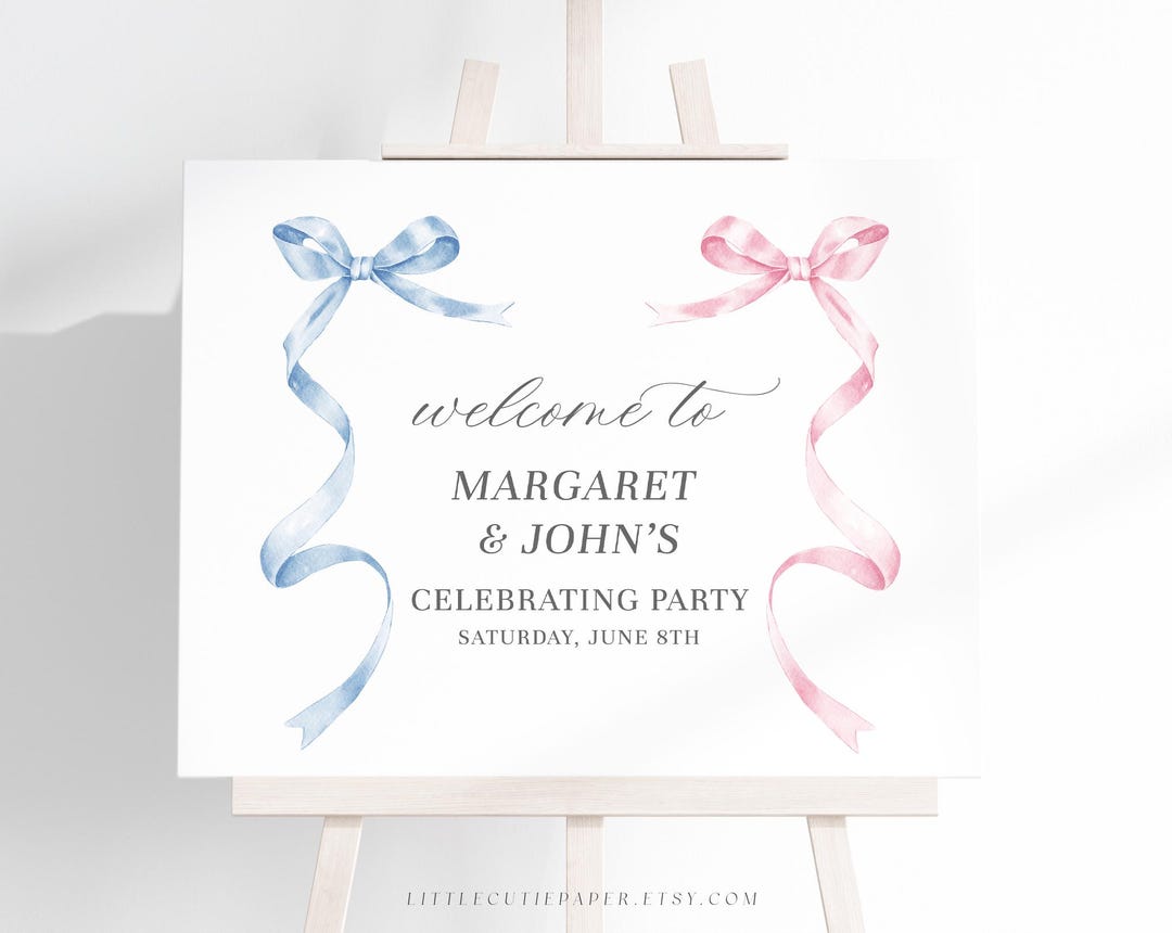 Editable Pink and Blue Bow Banner, Bow Birthday Welcome Sign, Vinyl ...