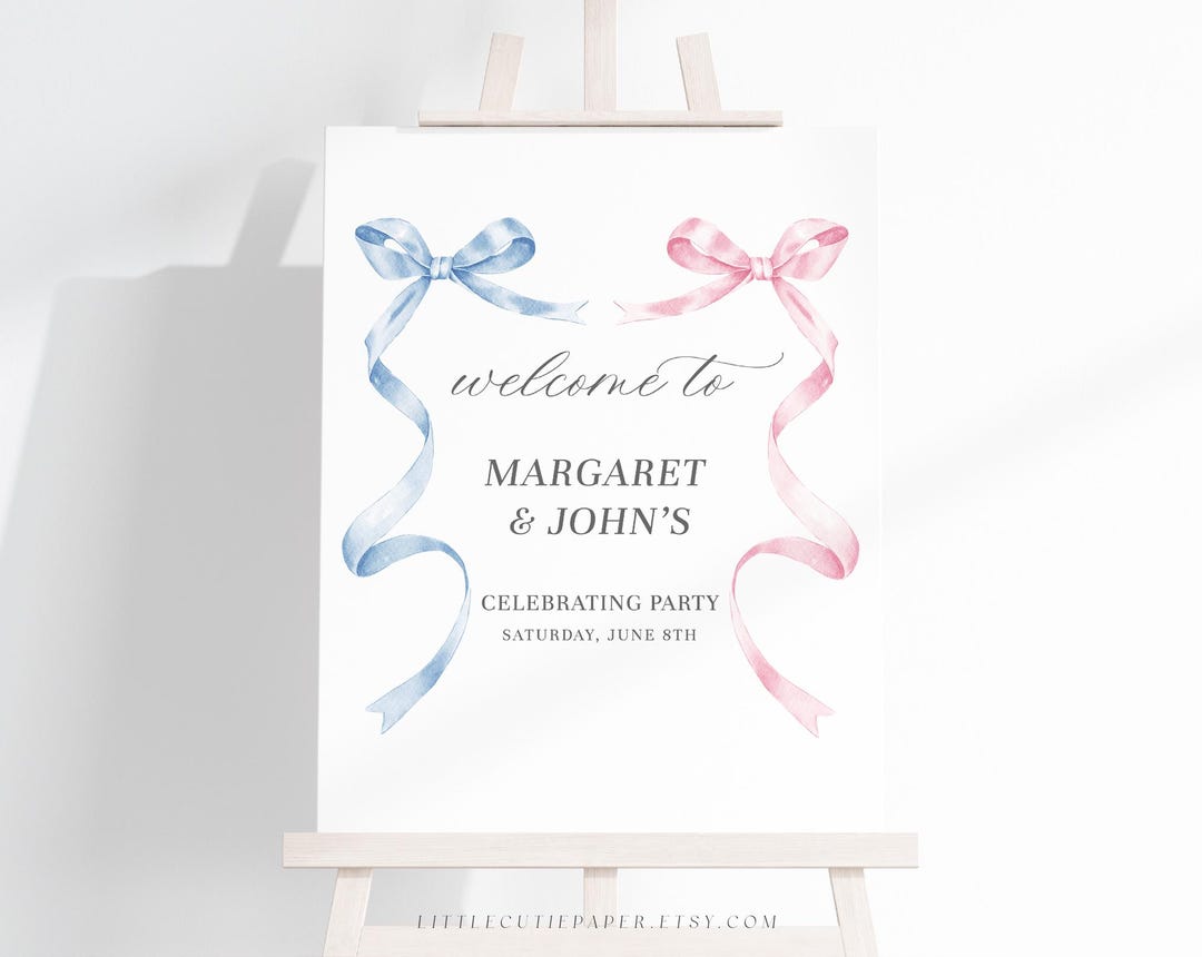 Editable Pink and Blue Bow Welcome Sign, Bow Birthday Welcome Sign ...