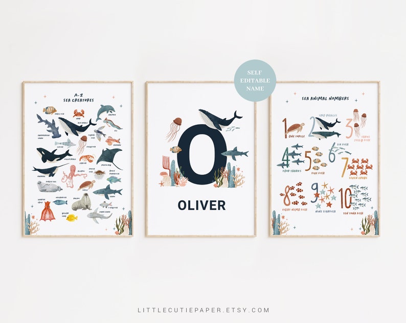 Editable Personalized Name, Sea Animal Alphabet Poster and Counting ...