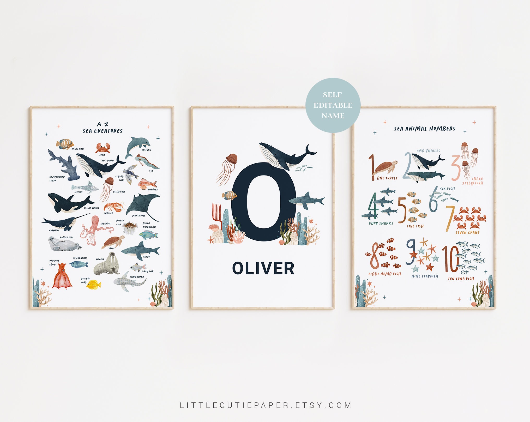 Editable Personalized Name, Sea Animal Alphabet Poster and Counting ...