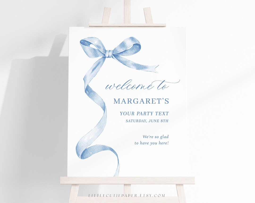 Editable Blue Bow Baby Shower Welcome Sign, Blue Ribbon Birthday ...